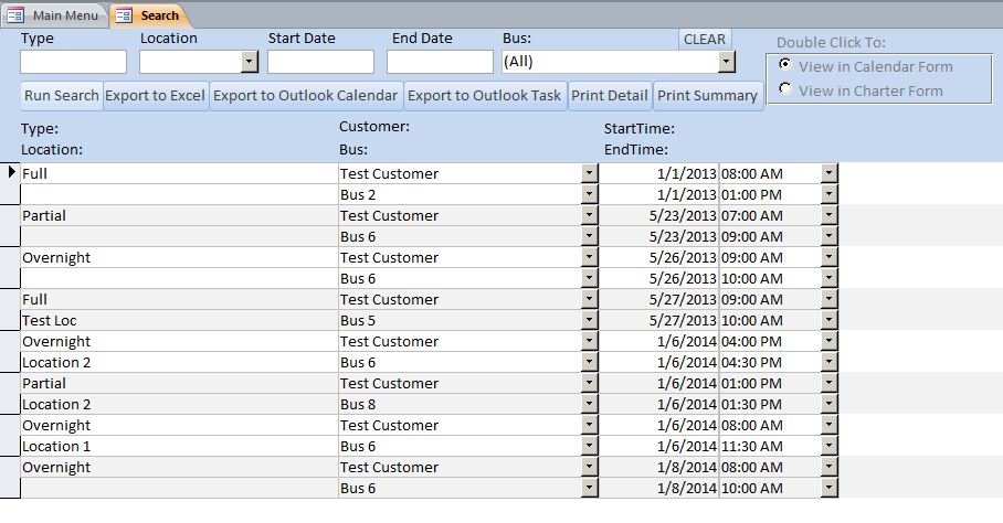 Microsoft Access Bus Charter Reservation Database Template Outlook Style